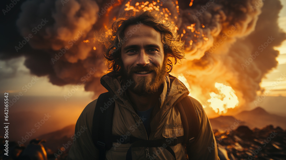 Generative AI, male scientist volcanologist on the background of an ...