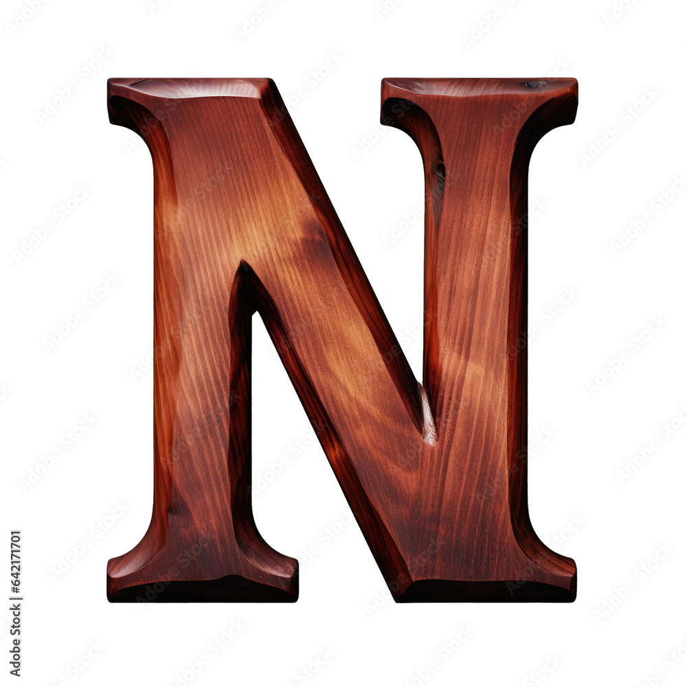 A gothic uppercase letter N in brown wood with a red brown tone and ...