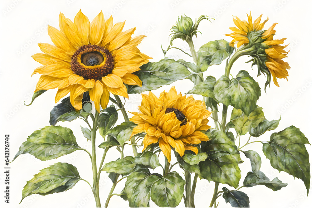 Yellow sunflower on isolated white background, watercolor botanical ...
