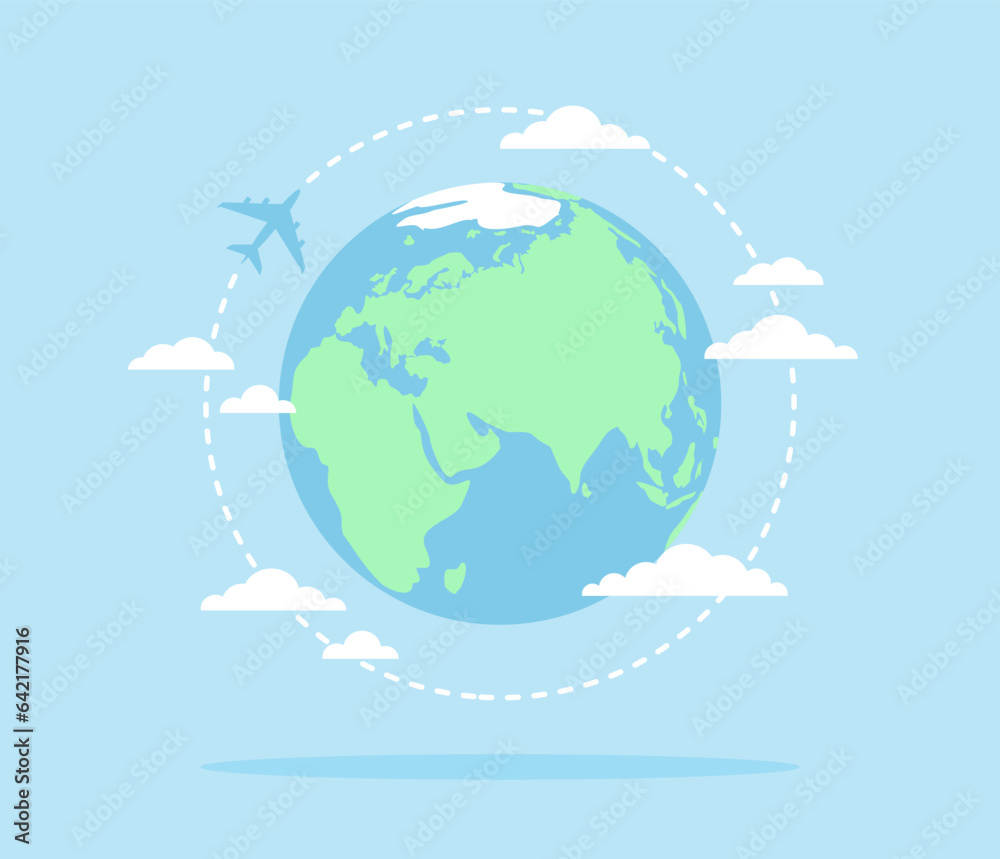 Planet Earth with an airplane flying around it and clouds on a blue ...