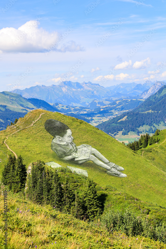 Villar sur Ollon, Switzerland - July 20. 2023: Giant painting of a boy ...