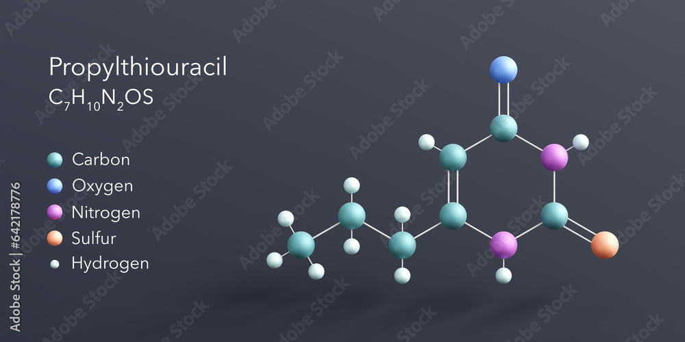 propylthiouracil molecule 3d rendering, flat molecular structure with ...