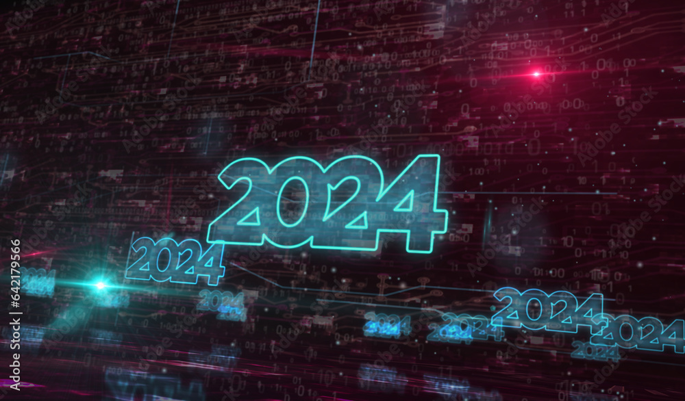 2024 year futuristic neon symbol digital concept 3d illustration Stock ...