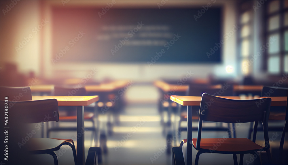 Classroom, school. There are tables and desks, no one, an empty ...