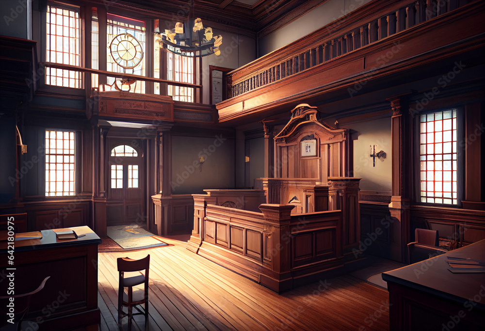 Realistic image of the interior of the courthouse. Wooden courtroom. AI ...