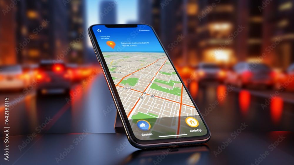 Smartphone navigator with the image of a map of the city lies on the ...