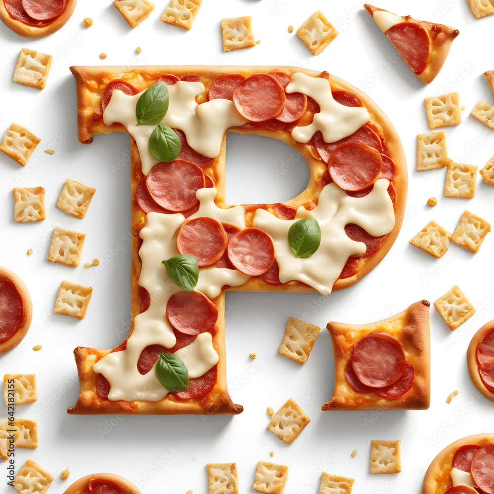 A visually striking image of the letter 'P' covered pizza texture ...
