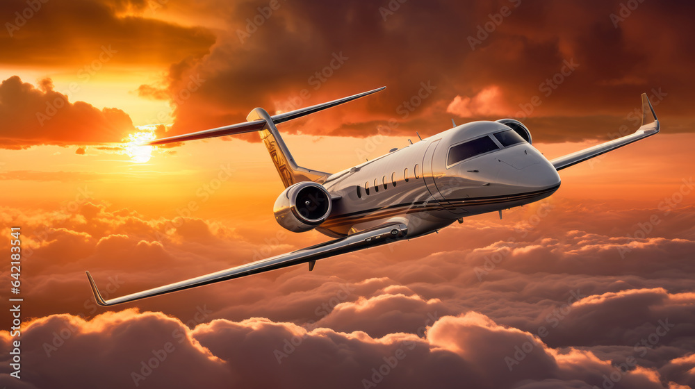 Private Airplane flying in the sunset sky. Modern business jet flying ...