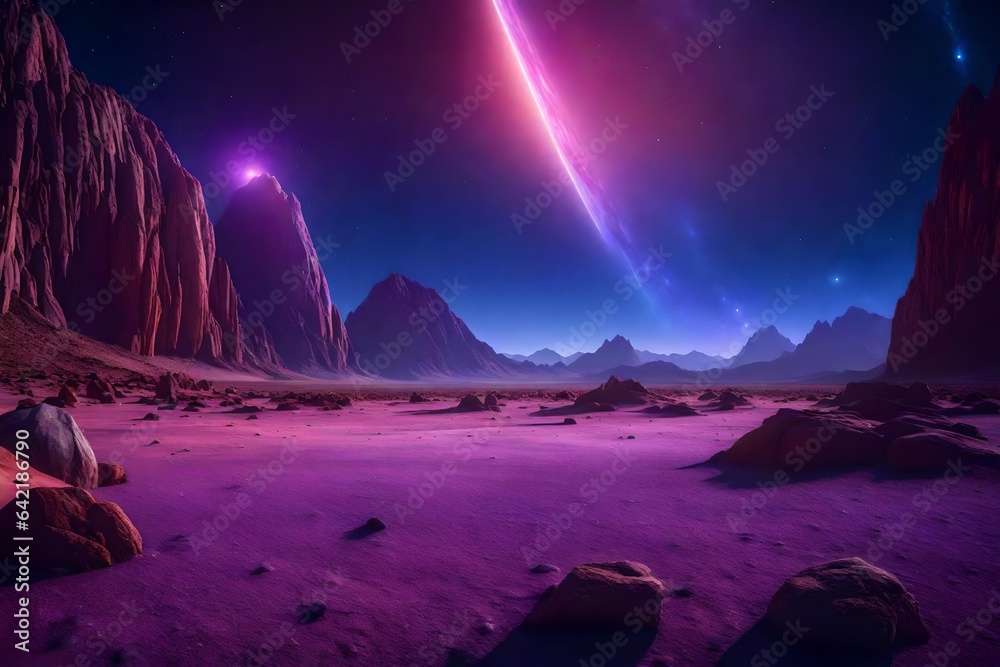 Cosmic background, alien planet deserted landscape with mountains ...