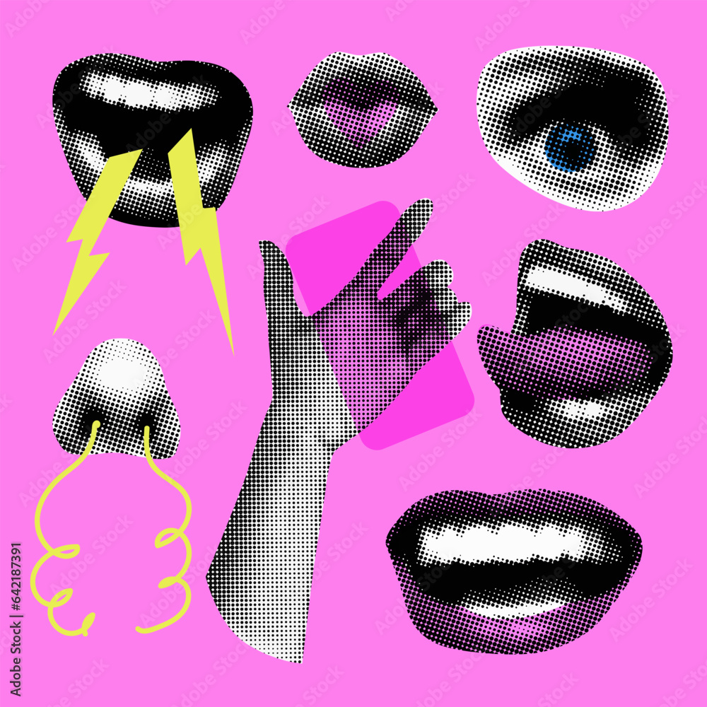 Set of retro halftone parts of body. 90s style paper cutout elements ...