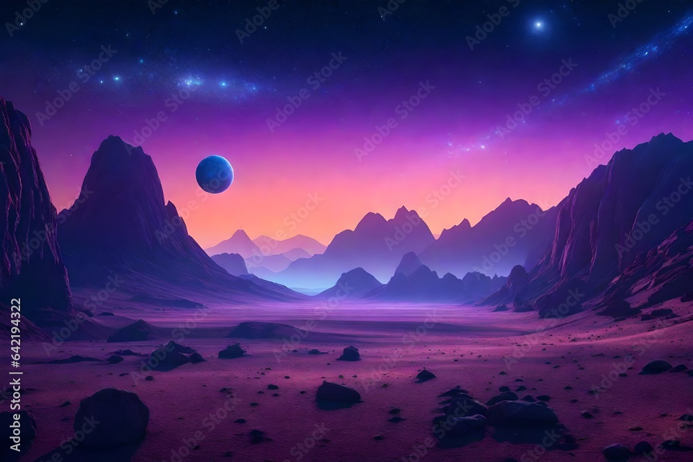 Cosmic background, alien planet deserted landscape with mountains ...