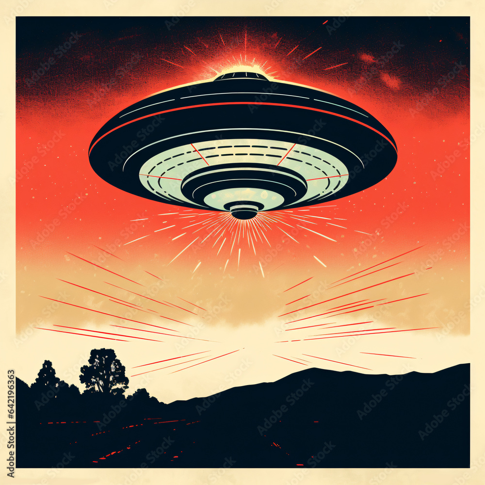 Vintage Alien spaceship Sci-Fi Art. UFO in a retro science fiction ...