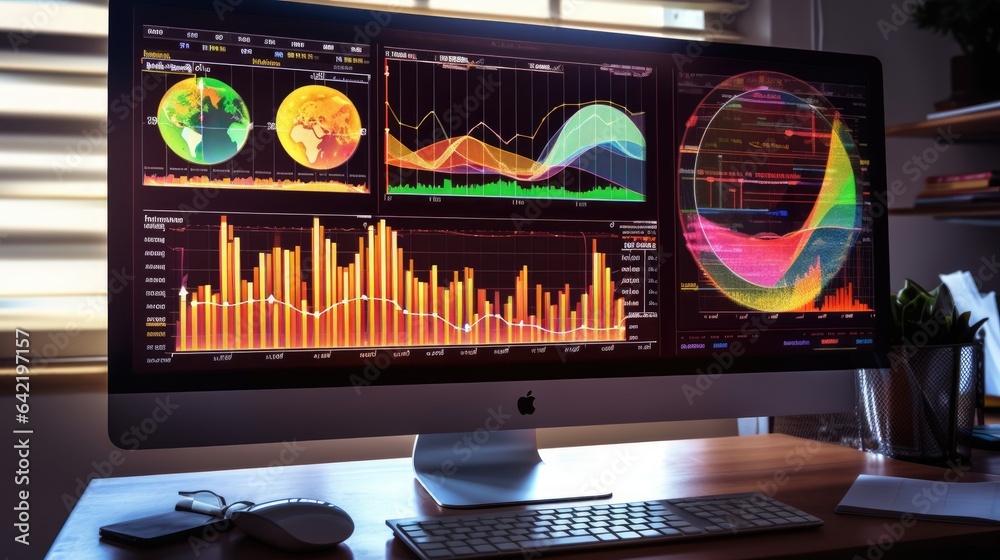 A computer screen displaying multiple financial reports, graphs and pie ...
