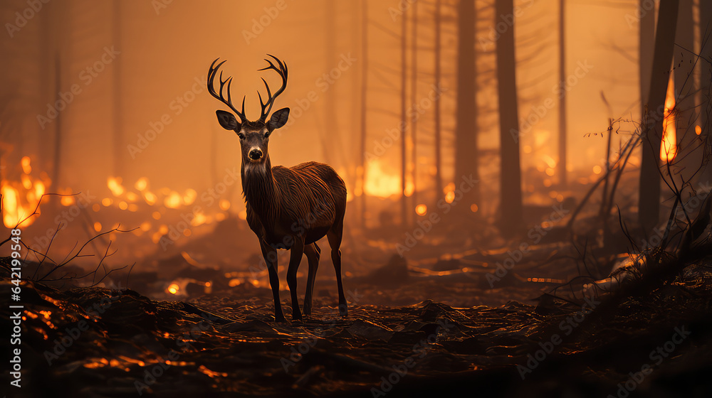 Deer on background Burnt forest, forest fire, climate change concept ...