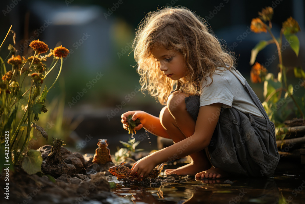 A child crouches by a pond, observing frogs and dragonflies in a ...