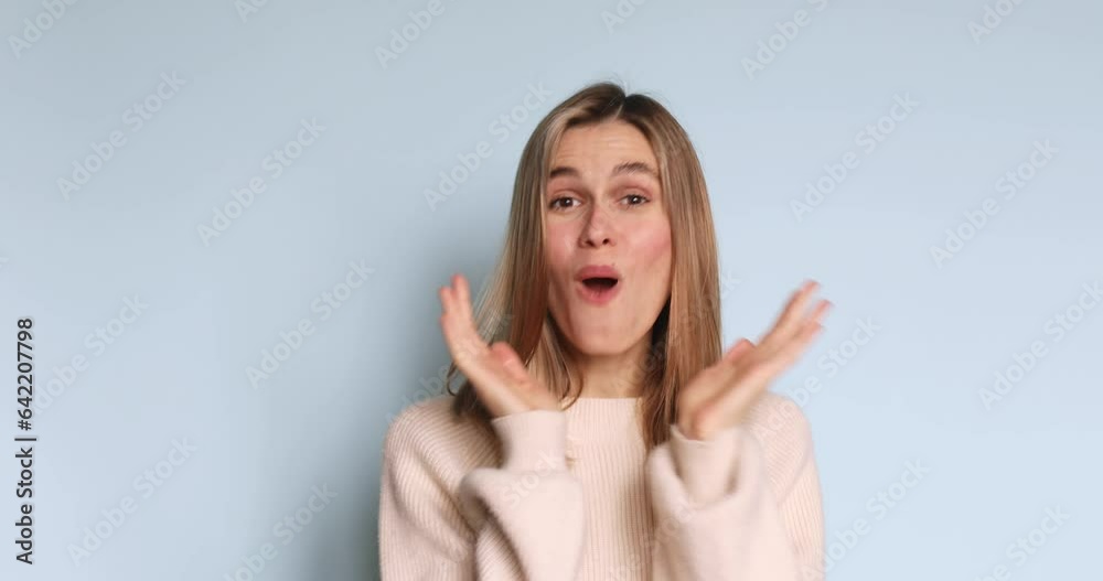 Funny amazed sweet blonde lady hands cheeks admire surprise isolated on ...