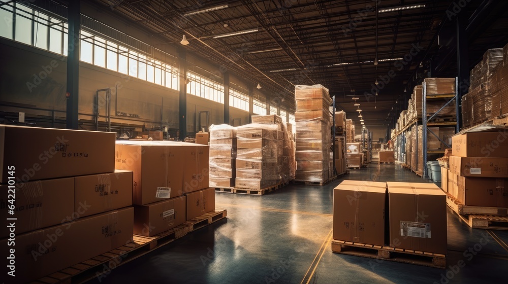 A large warehouse with numerous items. Rows of shelves with boxes ...