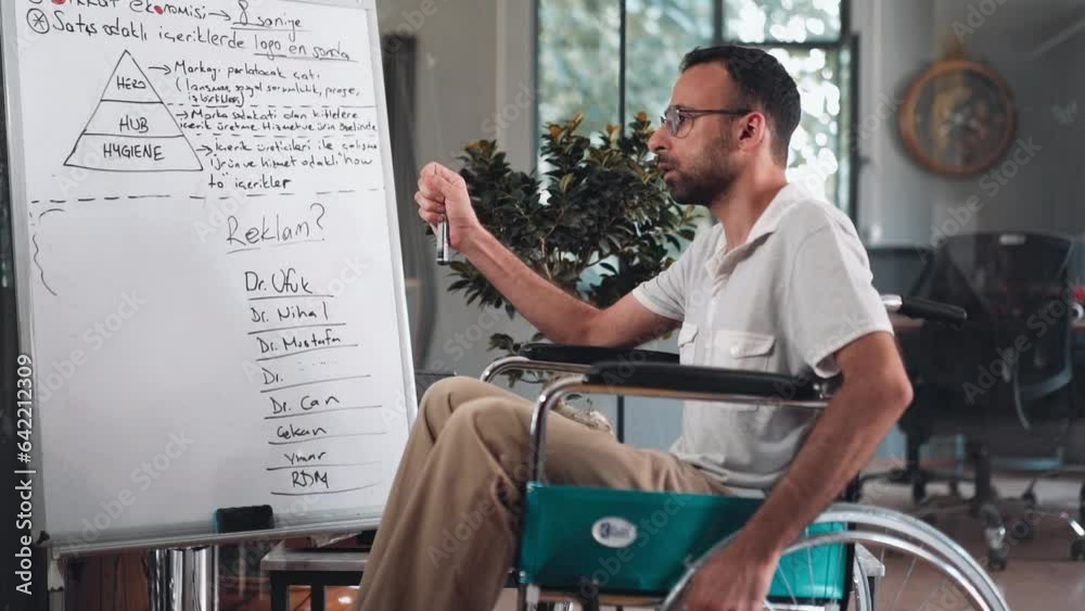 physically disabled young man making a presentation at a meeting. Young ...