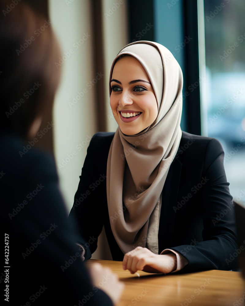 Muslim woman wearing a hijab at a job interview at an office, sitting ...