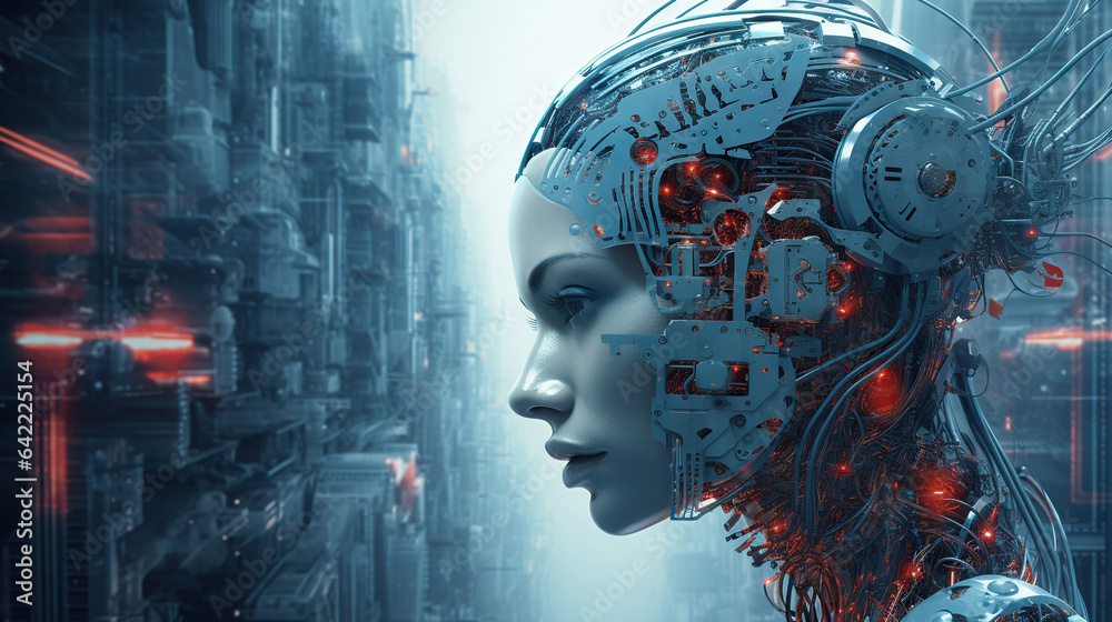 Young female humanoid head is connected to a super computer ...