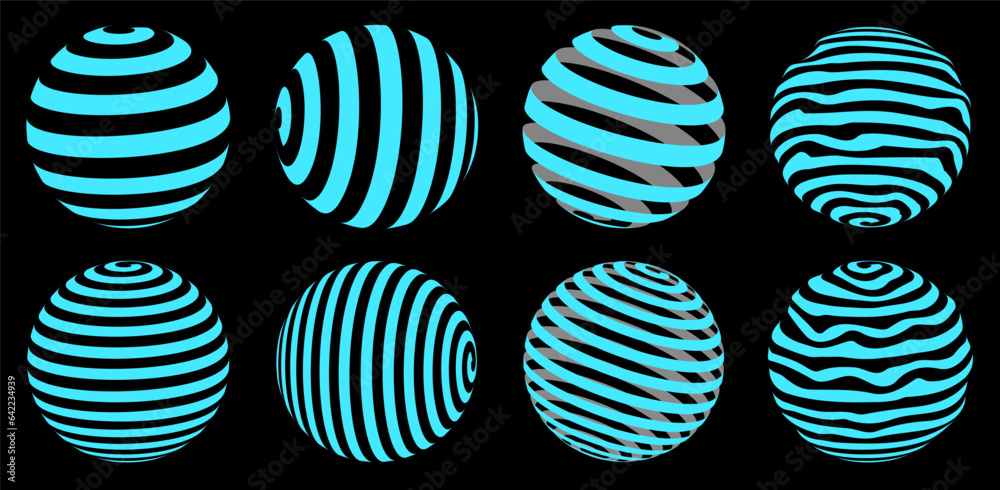 Set 3d Retro futuristic spirales. Blue light trip elements on the black ...