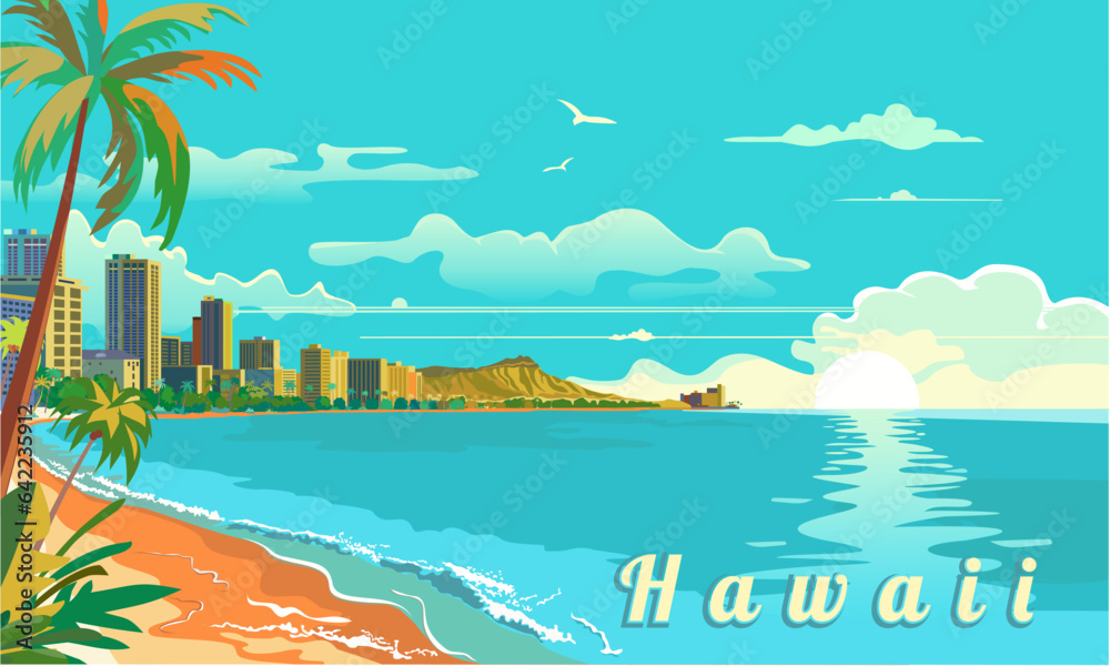 Poster waikiki beach of hawaii honolulu summer vacation vector ...