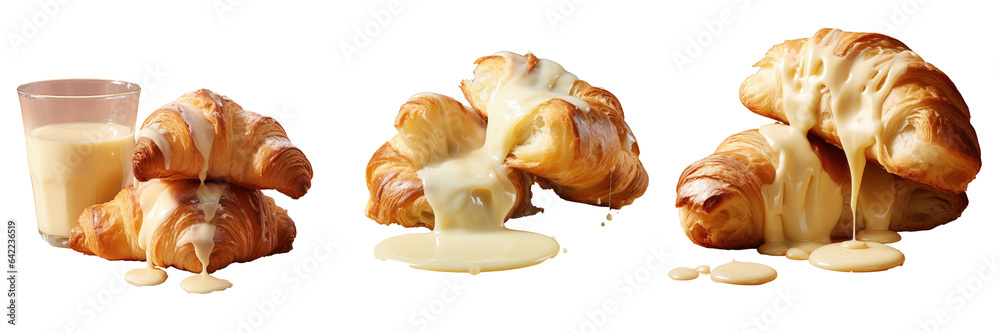 Two intact and one damaged croissants filled with condensed milk set ...