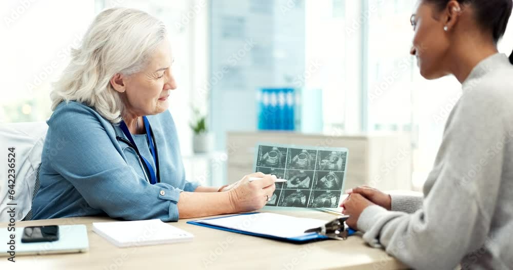 Senior doctor, x ray and patient in consultation, MRI or CT scan for ...