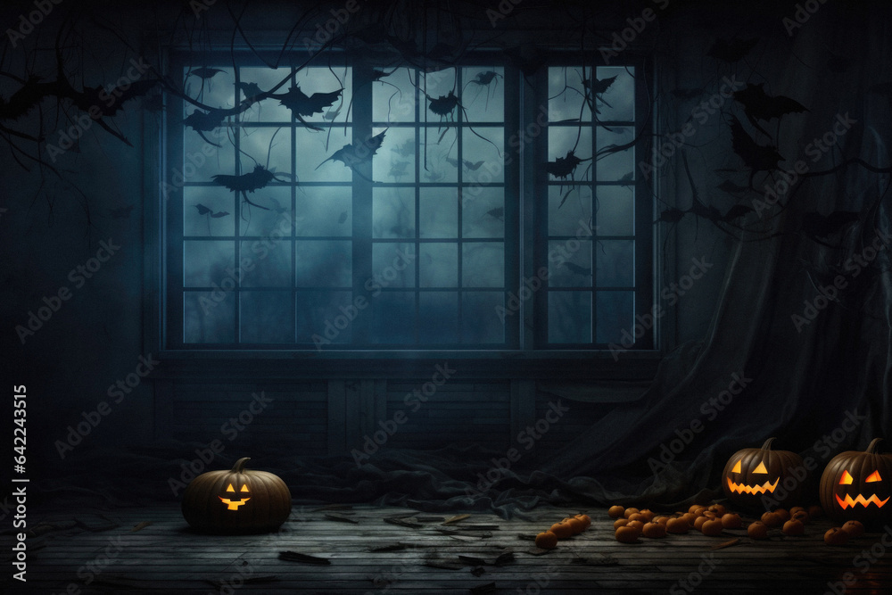 Halloween spooky background, scary pumpkins with smoke in old big ...