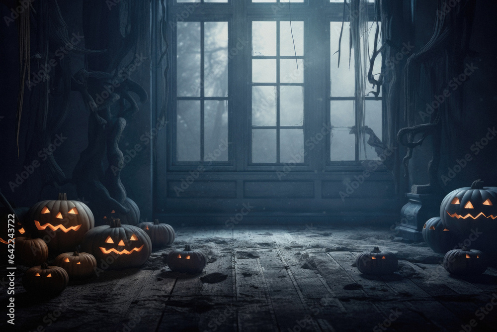 Stockfoto Halloween spooky background, scary pumpkins with smoke in old ...