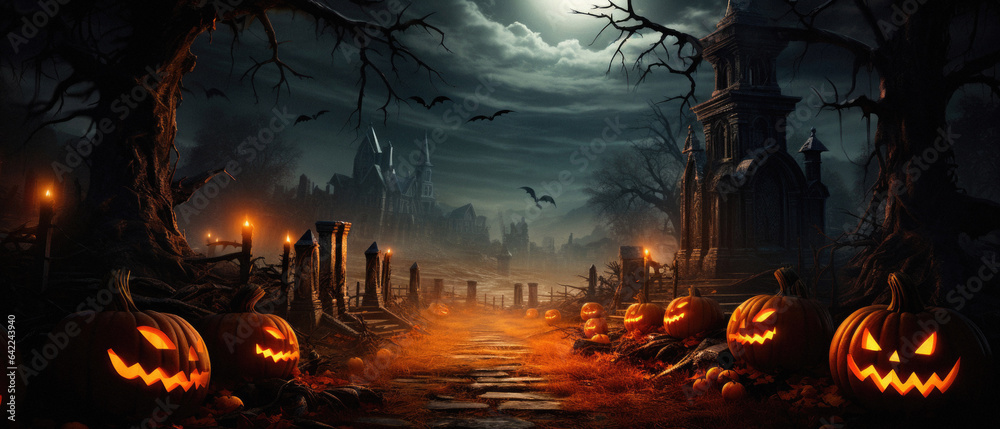 Happy Halloween background spooky scene, creepy dark night jack o ...