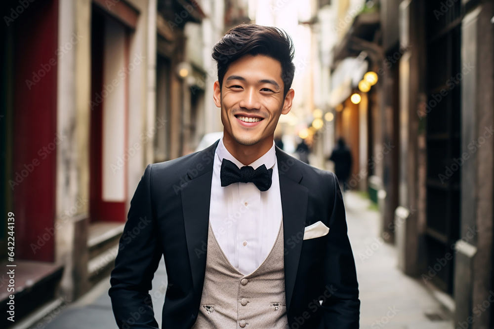 An Asian gentleman with a handsome and intelligent appearance dons a ...