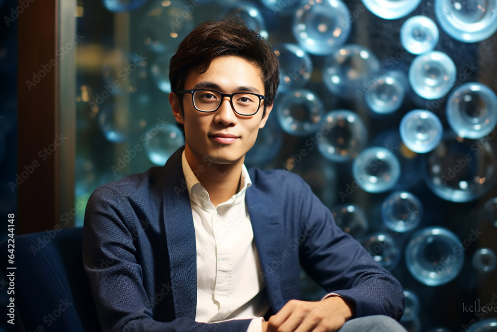 An Asian gentleman with a handsome and intelligent appearance dons a ...