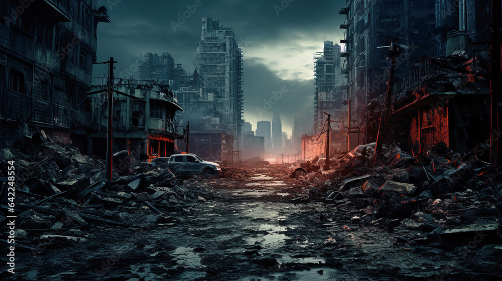 Post apocalypse, gloomy apocalyptic scene of city street after war ...