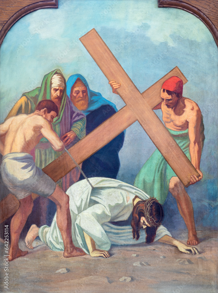SEBECHLEBY, SLOVAKIA - OKTOBERT 8, 2022: The painting Jesus fall under ...