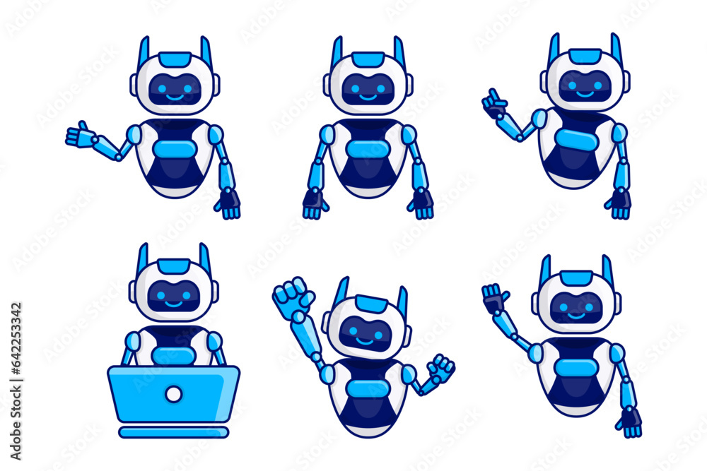 Robot mascot character vector illustration. Robot cartoon pose set ...
