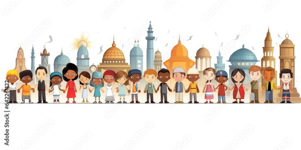 multicultural diverse children cartoon with city skyline of world ...