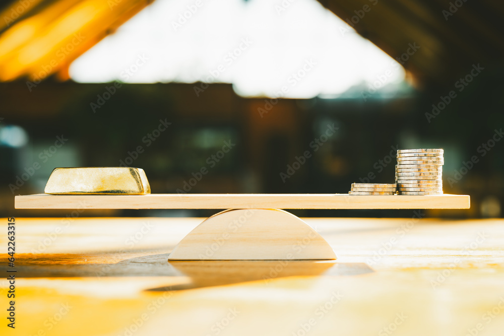 Gold and Coins stack with balance scale. Money management, financial ...