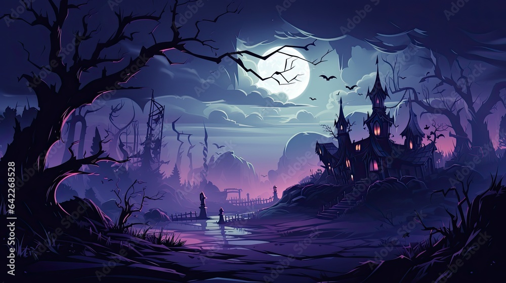 Spooky graveyard and haunted house at night cartoon illustration Stock ...