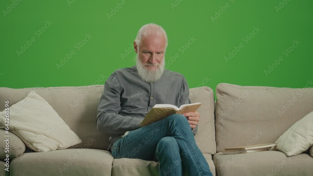 Green Screen. Portrait of a Smart Old Man With Gray Beard, Reading a ...