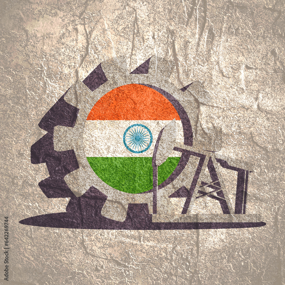 3D cog wheel with oil pump textured by flag of India. Heavy and mining ...