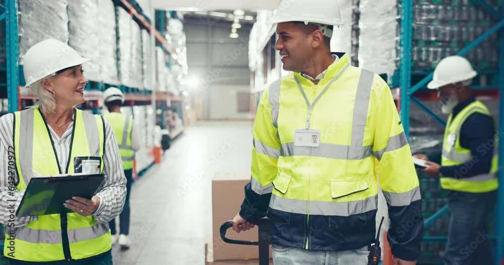 Warehouse, walking and happy people teamwork, talking and transport ...