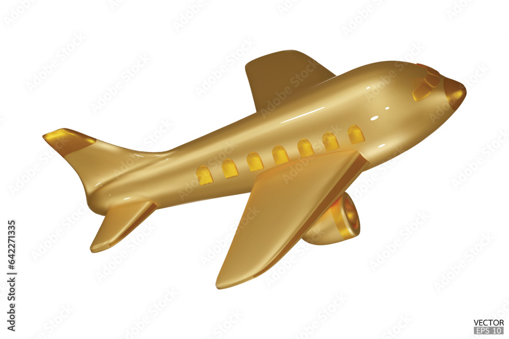 Golden Airplane 3d vector cartoon icon. Gold Airplane isolated on white ...