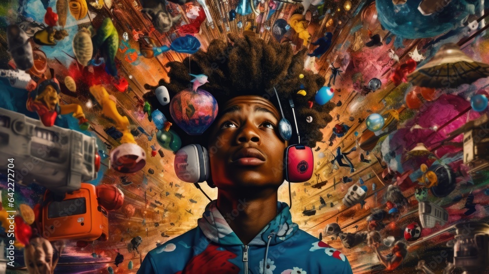 Overwhelming information data explode out of head of young human brain ...