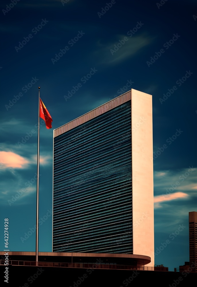An artistic interpretation of the iconic United Nations building in a ...