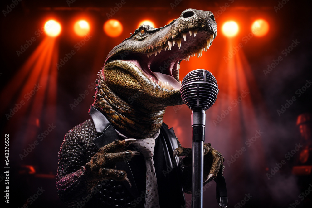 cute crocodile singing through microphone with stage background Stock ...