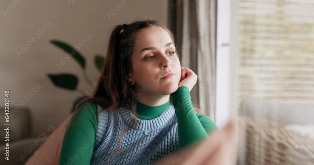 Thinking, depression and young woman in the living room to relax on a ...