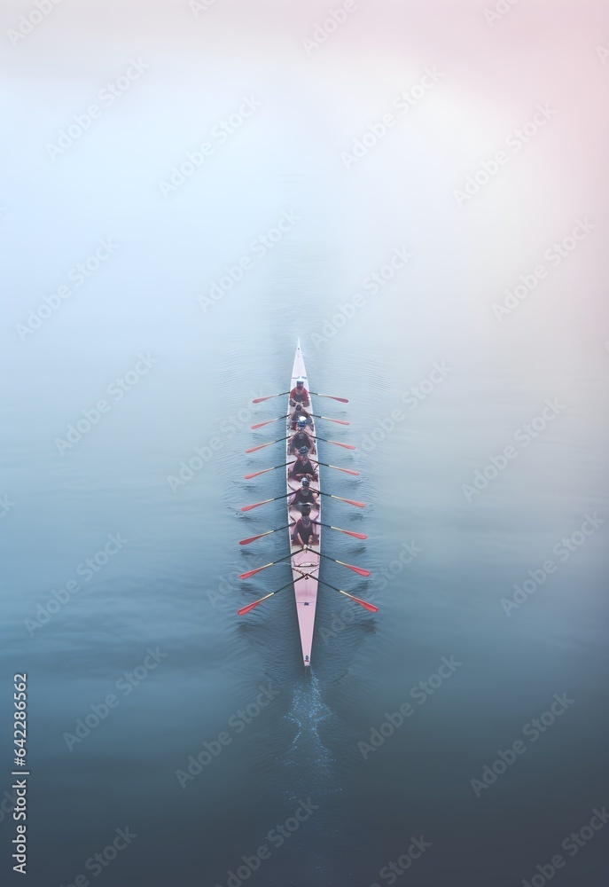 Morning Harmony" - An overhead view captures a rowing team in perfect ...