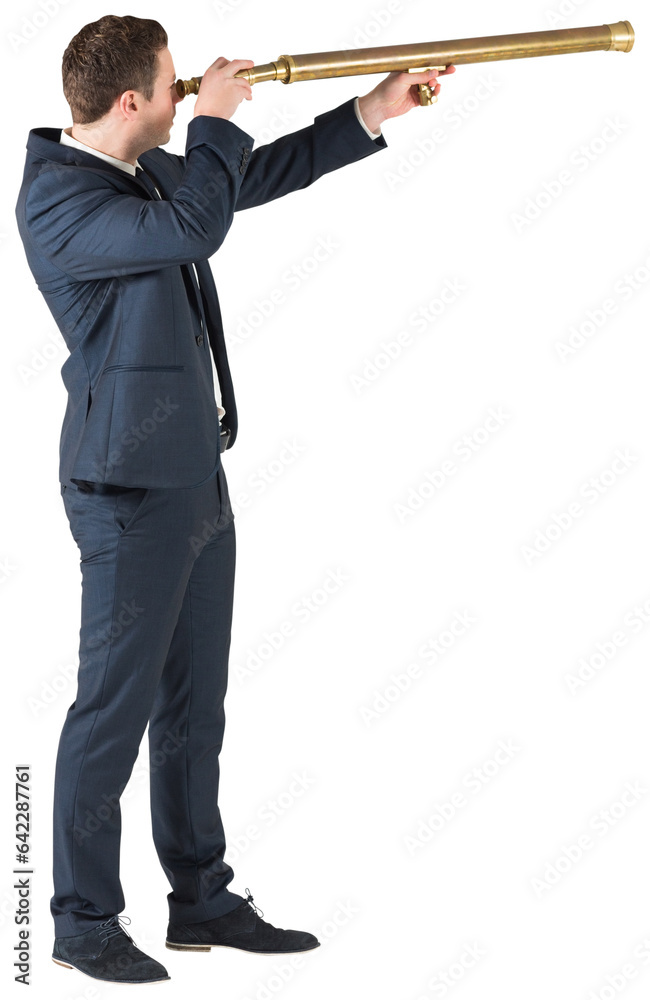 Digital png photo of caucasian businessman looking through telescope on ...