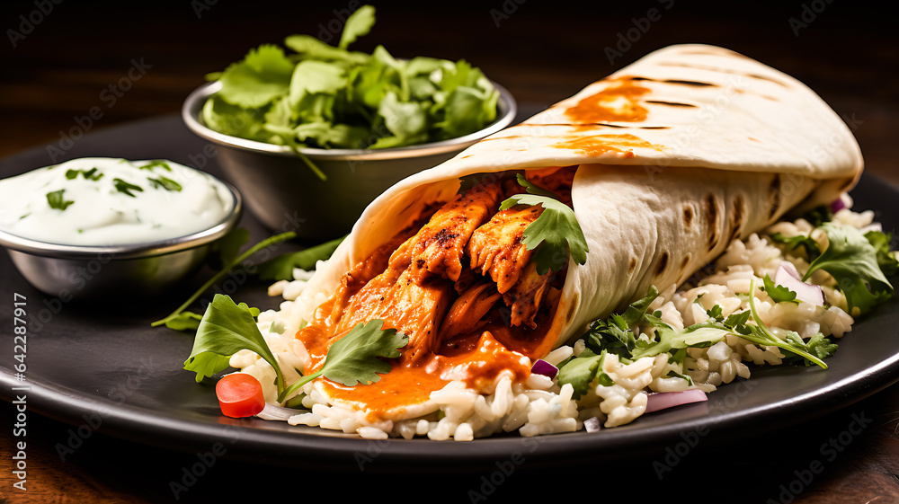 Chicken Tikka Masala platter, featuring naan bread, raita, and vibrant ...